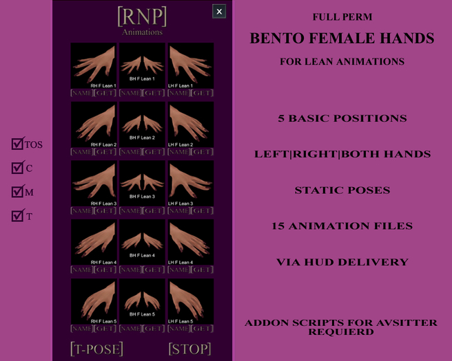 Second Life Marketplace - [RNP] Bento hands - Female Lean - HUD - 5 FP ...